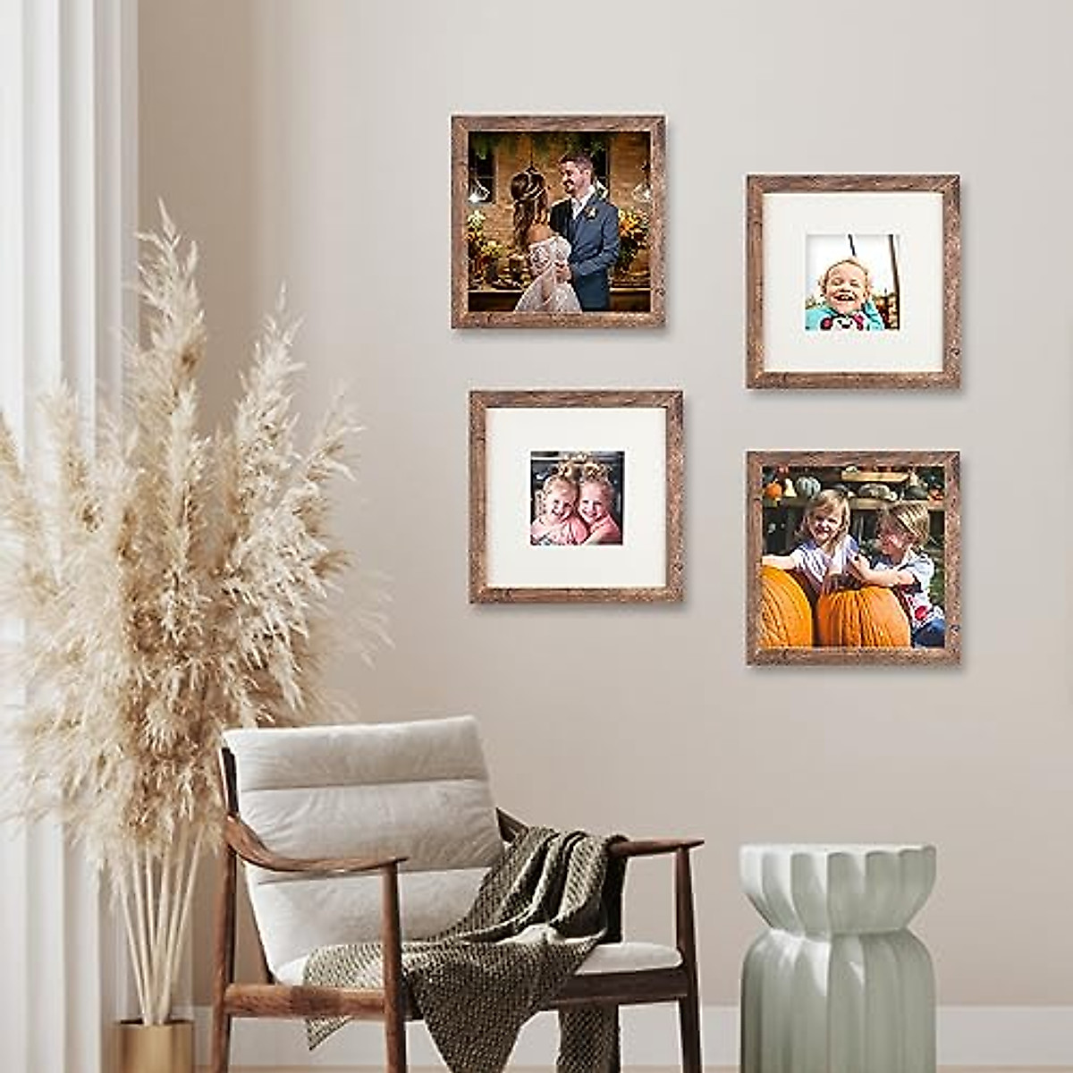 AVEAX 8x8 Picture Frames Display Pictures 4x4 with Mat or 8x8 Without Mat, Set of 4 Square Photo Frame for Wall or Tabletop Brown