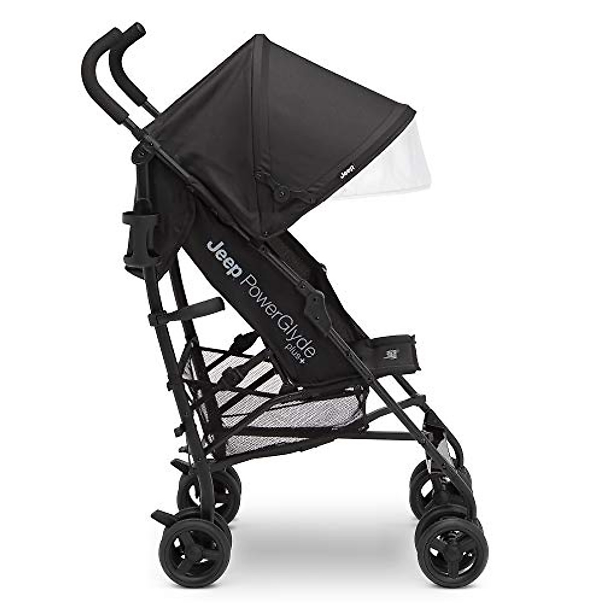 Jeep PowerGlyde Plus Stroller by Delta Children - Lightweight Travel Stroller with Smoothest Ride, Aluminum Frame, 4-Position Recline, Extra Large Storage Basket, Black