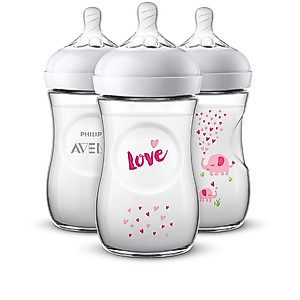 Philips Avent Natural Baby Bottle with Pink Elephant Design, 9oz, 3pk