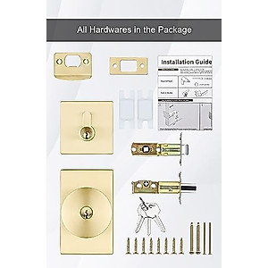 goldenwarm Keyed Alike Gold Door Knob with Deadbolt, Square Contemporary Brushed Gold Exterior Door Lock Set with Deadbolt, Heavy Duty Brass Front Entry Door Locksets with Deadbolt(1 Pack)
