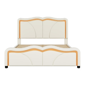 Full Size PU Upholstered Platform Bed,Bed Frame with LED Lights,Bedstead with Adjustable Headboard Height,Suitable for Kids Teenagers, Boys, Girls No Box Spring Needed, Easy Assembly (White, Full)