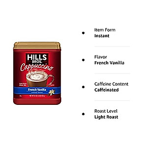 Hills Bros. Instant Cappuccino Mix, French Vanilla - Easy to Use, Enjoy Coffeehouse Flavor from Home – Decadent Cappuccino with a Hint of Sweetness and Vanilla in Light Coffee, 16 Ounce (Pack of 6)
