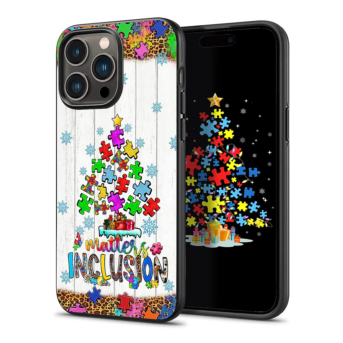 Matters Inclusion Autism Awareness Christmas Tree Phone Case Compatible with iPhone 15 14 13 12 11 Pro Max|Samsung Galaxy S23 S22 S21 S20 FE|A14 A54 A53 A03S A13|Note 20 10|Z FLIP 3/4/5 Black