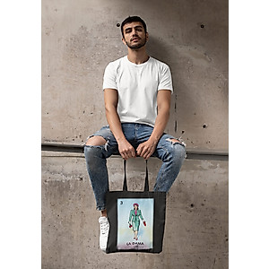 Pop Threads La Dama Woman Lady Loteria Card Mexican Bingo Black 15x15 inches Large Canvas Tote Bag