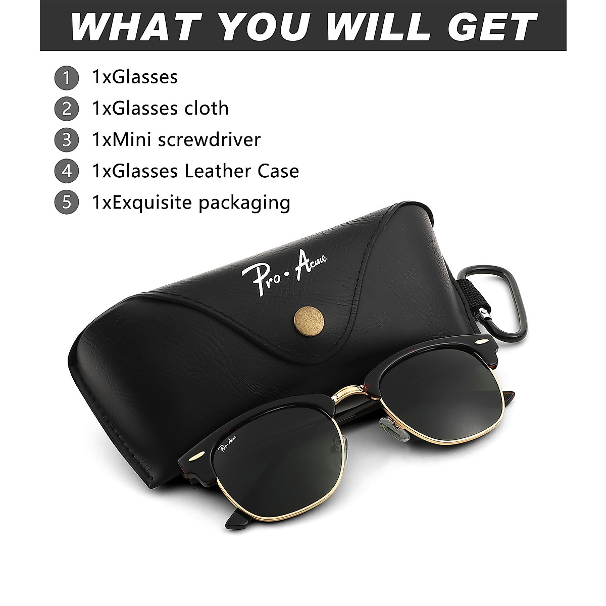 Pro Acme Semi-Rimless Frame Square Sunglasses for Men Women 100% Real Glass Lens(Tortoise Gold Frame G15)