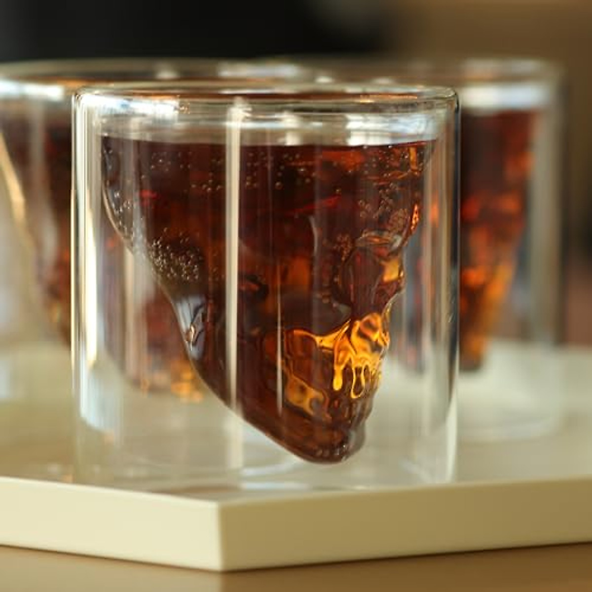 Transparent Skull Double Walled Drinking Glass - Insulated Double Walled Cup for Cocktail, Beer, Whiskey, Bourbon, Vodka, and Scotch Borosilicate Glassware - Keeps Drinks Cold & Hot - Macabre Design