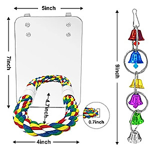 Eeaivnm 7 Inch Pet Bird Mirror Swing Parrot Cage Toys with Rope Perch, Parrot Parakeet Mirror with Bird Swing Bell Toys for Parakeet Cockatoo Cockatiel Conure Lovebirds Finch Canaries