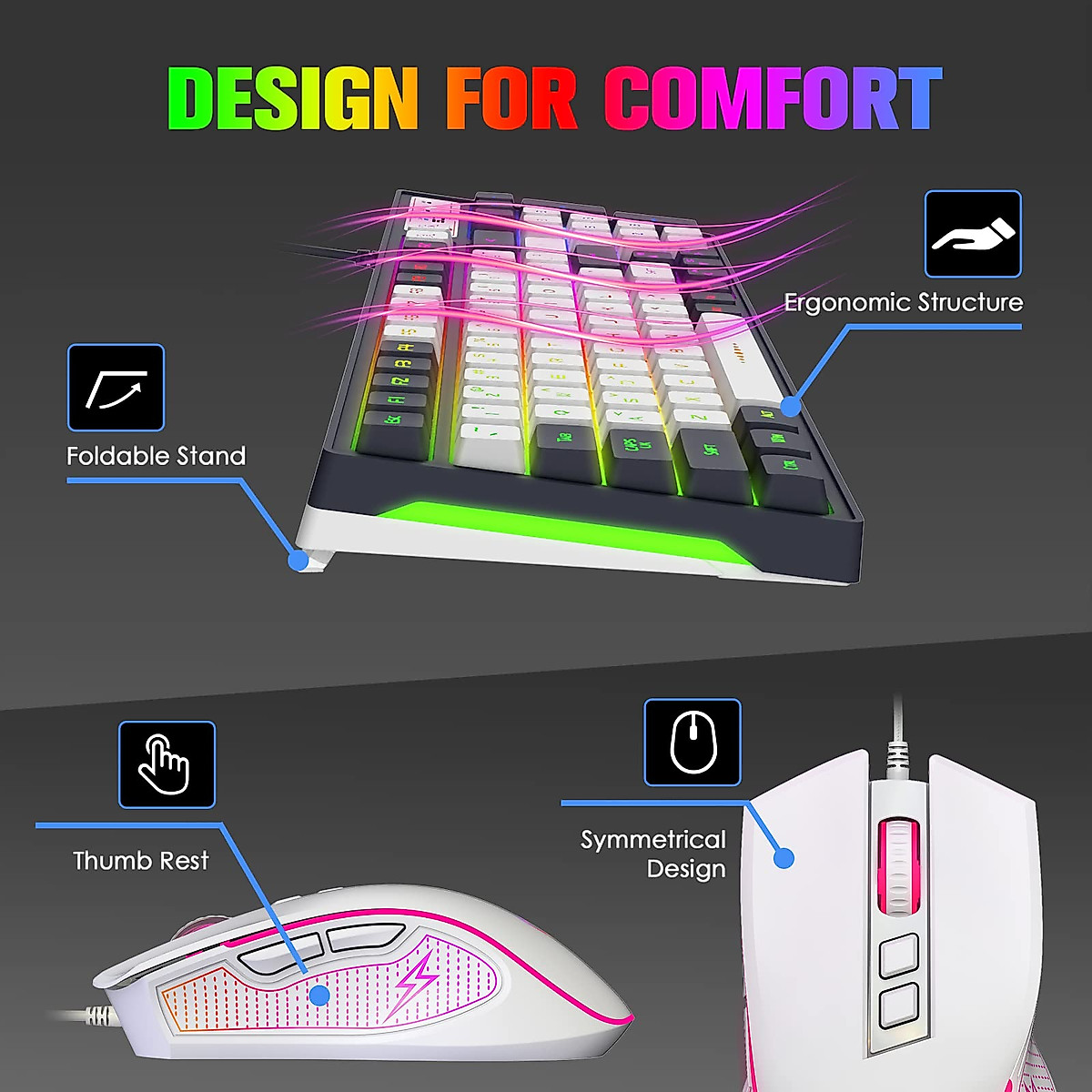 Wired RGB Gaming Keyboard and Mouse Combo with Multi Rainbow LED Backlight Ergonomic 96Key Layout 26Key Anti-ghosting Mechanical Feel Adjustable 3600DPI Mice Mouse Pad for PC Mac Gamer Typists(White)