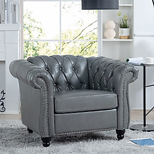 Dvasovio Accent Chair, Modern Chesterfield Chair Leather Upholstered Single Sofa with Tufted Back for Living Room Furniture (Grey)