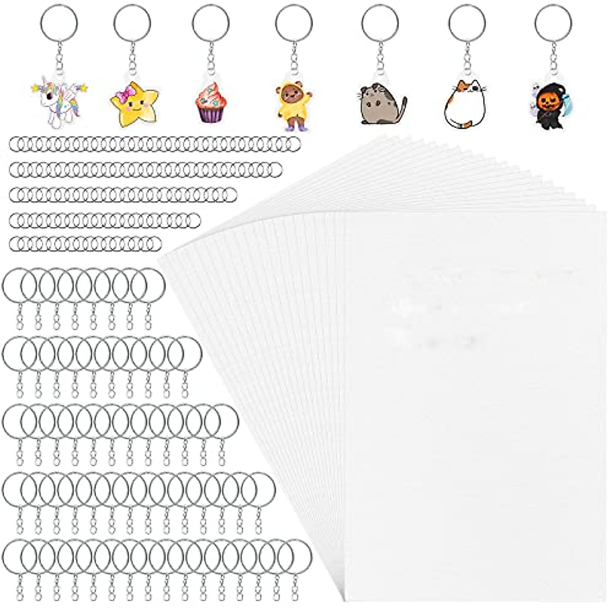 OFNMY 125 Pieces Heat Shrink Plastic Sheet Kit with 25 PCS Shrinky Art Paper and 100 PCS Keychains for Kids Creative Craft Marking, Homemade Shrinky Dinks, Handprint Keychains for Christmas