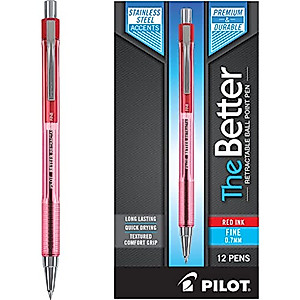 PILOT The Better Ball Point Pen Refillable & Retractable Ballpoint Pens, Fine Point, Red Ink, 12-Pack (30002)