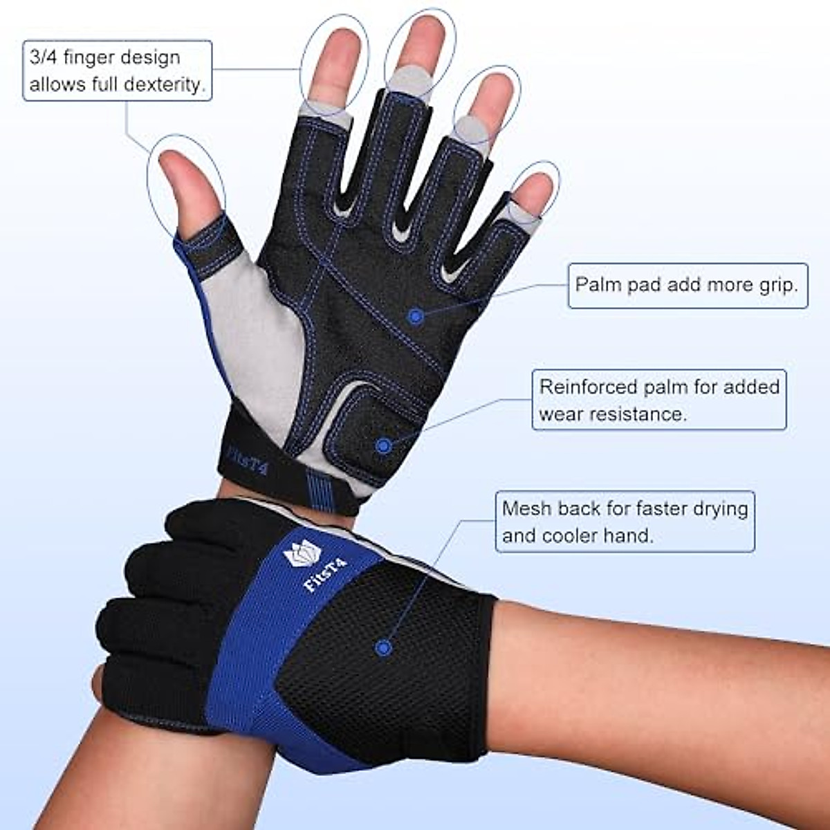 FitsT4 Sports Kayaking Gloves 3/4 or Full Finger Padded Palm Fingerless Gloves for Men Women Youth Perfect for Sailing Paddling Canoeing Boating Workout Rowing SUP and Other Water Sports