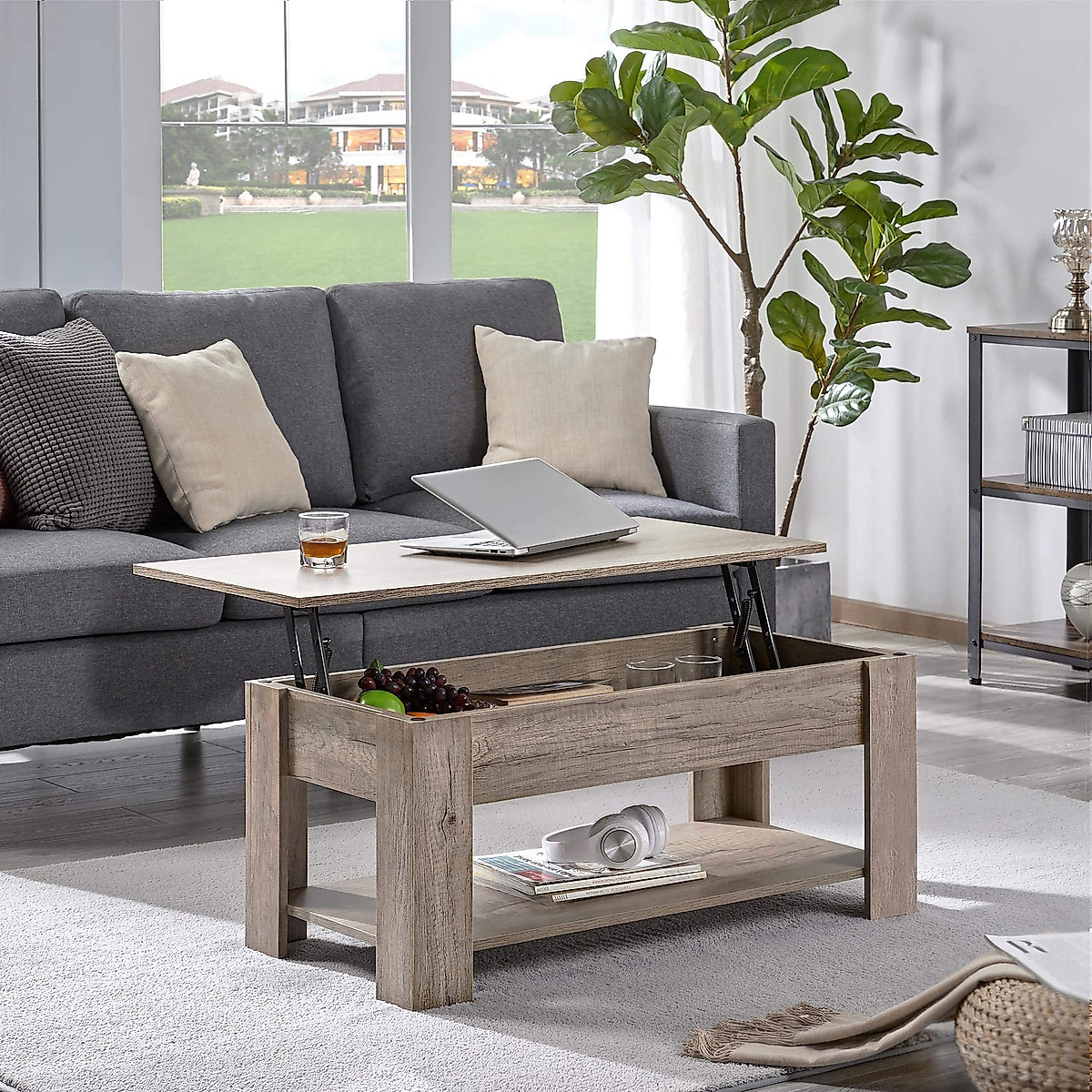 Yaheetech Lift Top Coffee Table with Hidden Compartment and Storage Shelf, Rising Tabletop Dining Table for Living Room Reception Room, 38.6in L, Grey