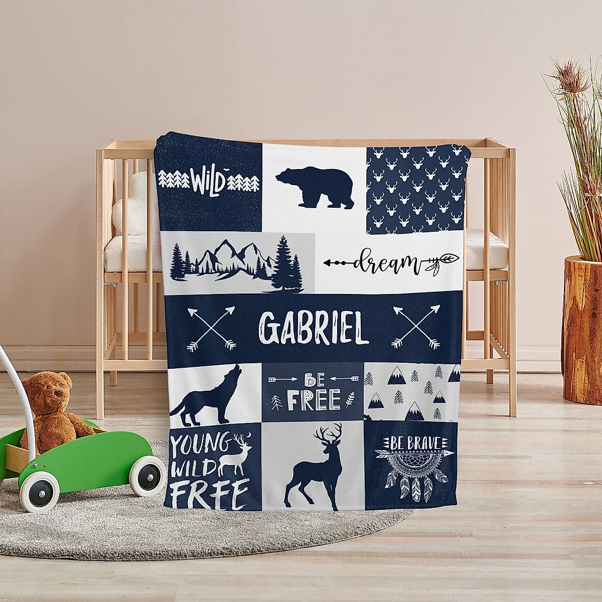 MeMate Personalized Woodland Baby Blankets, Baby Woodland Blanket Custom Name, Deer Baby Blankets for Boys Girls, Baby Bear Wolf Blanket for Baby Shower Newborn Infant Son Toddlers