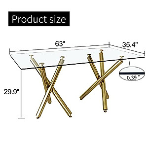 Ebullient Glass Dining Table,63 in 4-6 Person Home Dining Table Large Size Kitchen and Dining Room Table with Tempered Glass top and Gold Metal Legs, Modern Rectangular Dining Table……