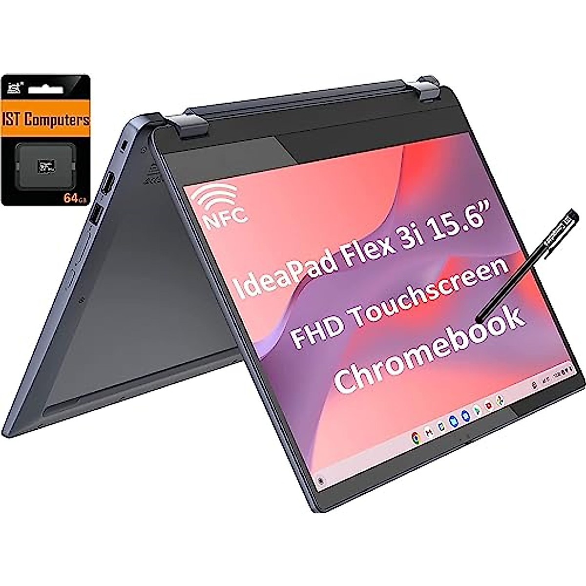 Lenovo Chromebook Flex 3 3i (2023) 15.6" FHD 2-in-1 Touchscreen (Intel Celeron N4500, 4GB RAM, 128GB (64GB eMMC + 64GB SD Card), Webcam) Home & Student Laptop, NFC, HDMI, USB-C, IST Pen, Chrome OS