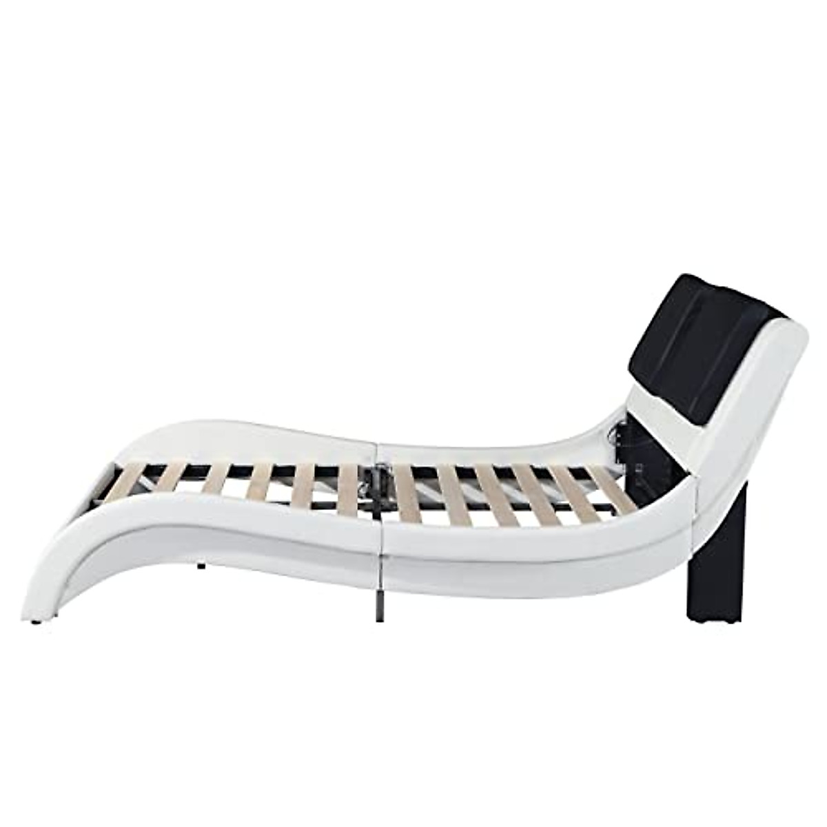 CEMKAR Modern upholstered Platform Bed Frame with LED Lighting, Bluetooth Playback and backrest Vibration Massage, Faux Leather Wavy Platform Bed Frame with Wooden Slat Support White+Black