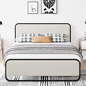 GarveeHome Full Bed Frame with Headboard, Upholstered Bed Frame Full with Silent Foam Strip, 10.2 Inch H Storage Space, Metal Bed Frame Full Size, No Box Spring Needed, Beige
