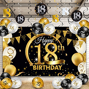 Happy 18th Birthday Party Decorations Kit, Black Gold Glittery Happy 18th Birthday Backdrop Banner Balloon 18th Birthday Hanging Swirls for Men Women 18th Birthday Party Decorations Supplies