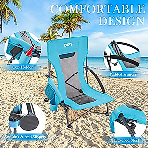 DIFY Folding Beach Chair 2 Pack, Lightweight with Storage Bag and Cup Holder, Comfortable and Portable, for Carry or Backpack, Low Beach Chair for Outdoor Activities, Camping, Beach, Events. (Blue)