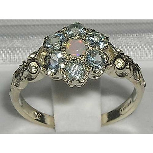 925 Sterling Silver Real Genuine Opal and Aquamarine Womens Anniversary Ring - Size 8