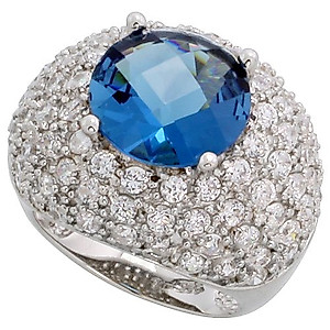 Sterling Silver Cocktail Ring, Rhodium Plated w/a Large (12mm) Round Cut Natural Blue Obsidian & Cubic Zirconia Stones, 3/4" (19mm) wide, size 6