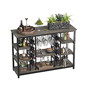 Teraves Modern Wine Rack Table, 47 Inch Wine Baker's Rack with Storage Shelves, 4 Tier Freestanding Wine Rack for Bar, Buffet, Home Kitchen Dining Room Living Room (Black Oak+Black Frame)