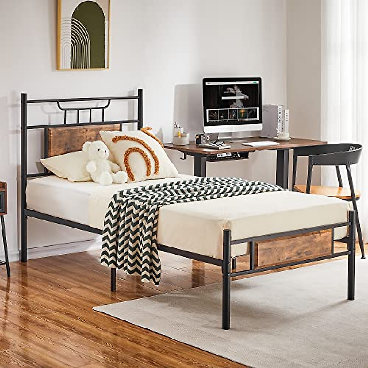 VECELO Twin Size Platform Bed Frame with Wood Headboard/Mattress Foundation/Premium Steel Slats Support/No Box Spring Needed,Brown(Crown)