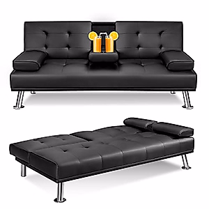 VICTONE Futon Sofa Bed Modern Faux Leather Couch Bed Convertible Folding Recliner for Living Room with 2 Cup Holders and Armrest (Black)