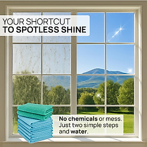 Microfiber Glass Cleaning Cloths | Streak Free Windows & Mirrors | Lint Free Towels | Car Windows Wipes | Polishing Rags | Machine Wash- Blue, Green (8 Pack)