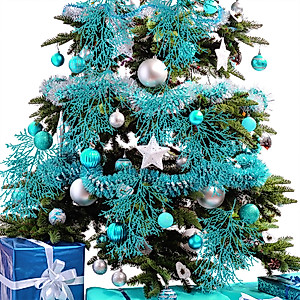 Winlyn 15 Pcs Teal Glitter Artificial Cedar Picks Sprays Christmas Floral Picks Faux Cedar Branches Stems Teal Christmas Tree Picks 15.4" H for Floral Arrangement Wreath Swag Winter Centerpiece