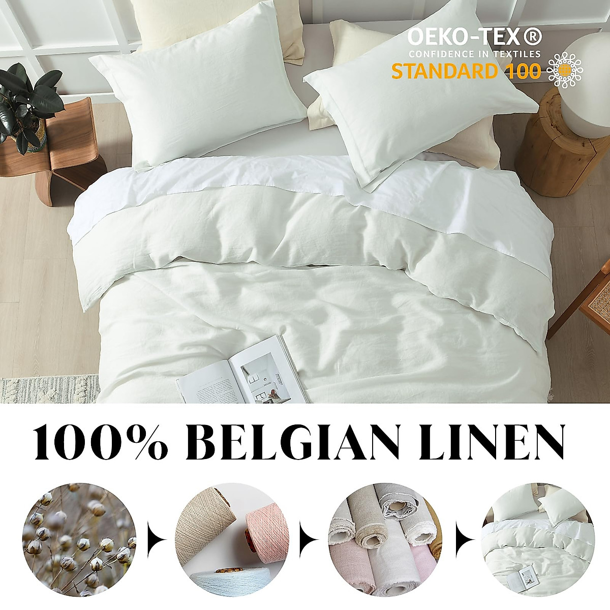 CozyDH 100% Linen Duvet Cover Set King Size, 3 Pieces Belgian Flax Breathable Bedding Set, 1 Linen Comforter Cover + 2 Pillowshams with Zipper Closure 8 Ties (King, Linen)