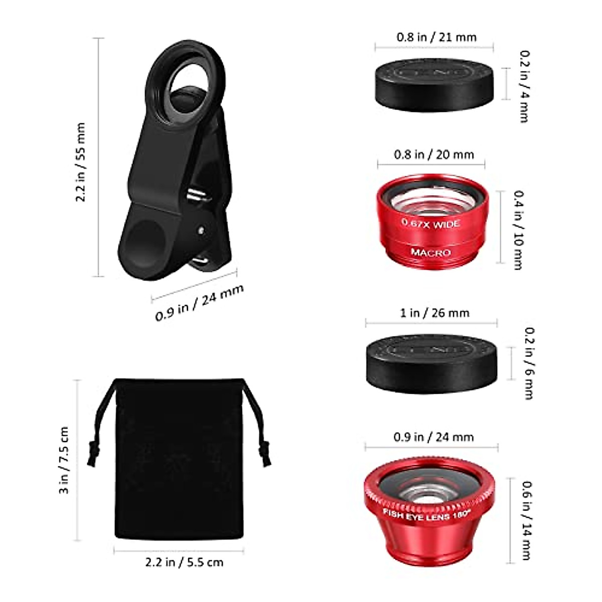 Hemobllo Portable Cell Phone Camera Lens Super Wide Angle Lens Macro Lens Fisheye Lens Clip on 3 in 1 Mobile Phone Lens Compatible for iPhone 6S/7/8/X (Red)