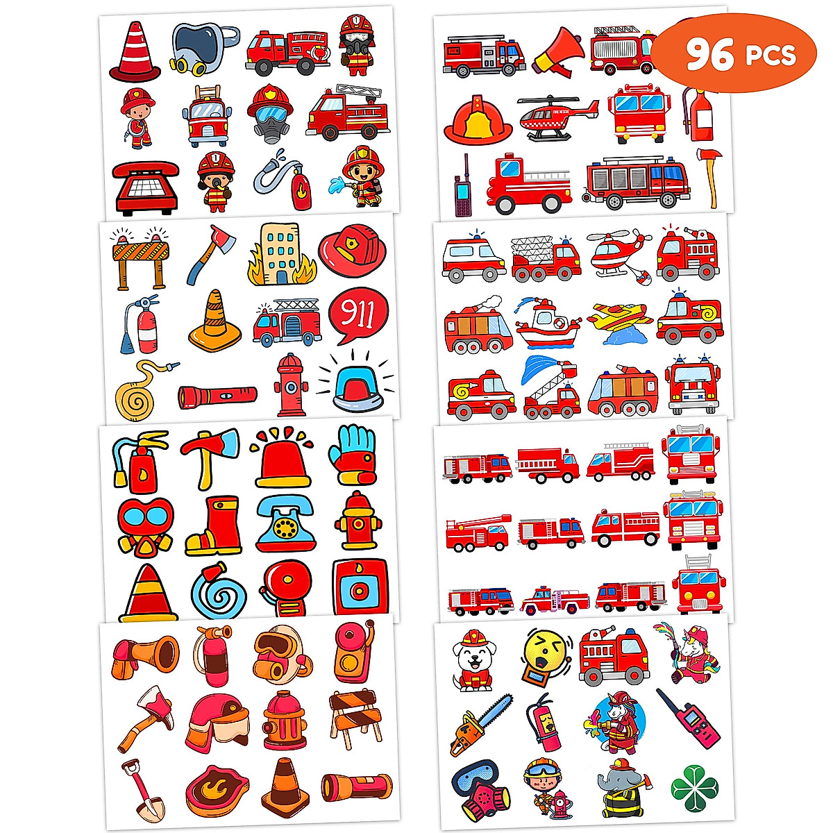 (96 PCS) Firefighter Fire Truck Fireman Temporary Tattoos Themed Birthday Party Decorations Favors Supplies Cute Tattoo Stickers For Children Boys Girls Games School Gifts Rewards Home Activity