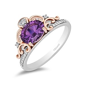 Jewelili Enchanted Disney Fine Jewelry Sterling Silver and 10K Rose Gold 8x6 MM Concave Oval Amethyst and Natural White Round Diamond Accent Stepsisters Ring Size 6
