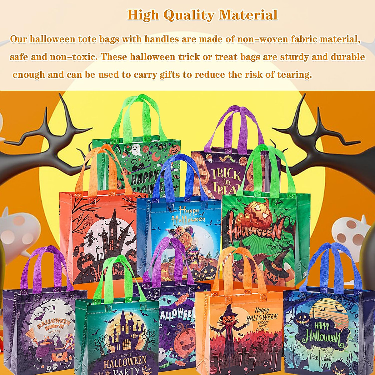 Jaywayang 12Pcs Halloween Trick or Treat Bags, Halloween Tote Bags with Handles for Kids, Halloween Reusable Non-Woven Gift Bags for Gifts Wrapping, Halloween Party Supplies.