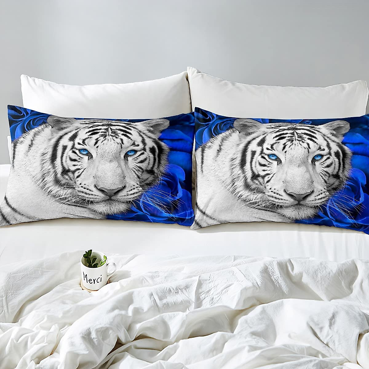 White Tiger Queen Size Duvet Cover Blue Rose Comforter Cover 3Pcs Boys Girls Gorgeous Roses Flowers Decor Quilt Cover with 2 Pillow Cases Fashion Personality Super Soft Bedspread Bedroom