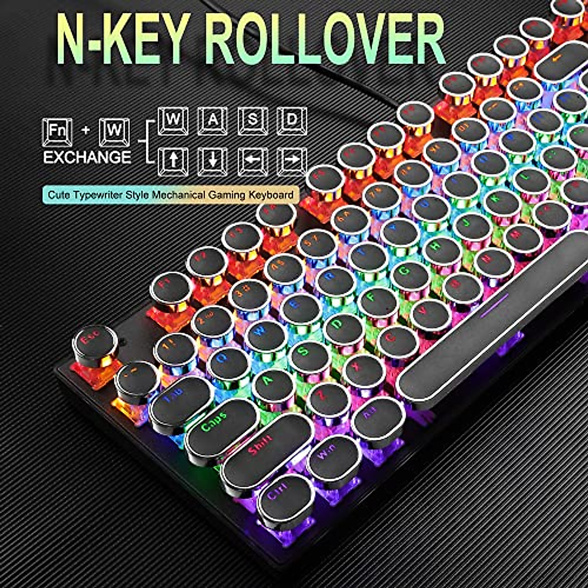 Camiysn Typewriter Style Mechanical Gaming Keyboard, Black Retro Punk Gaming Keyboard with RGB Backlit, 104 Keys Blue Switch Wired Cute Keyboard, Round Keycaps for Windows/Mac/PC