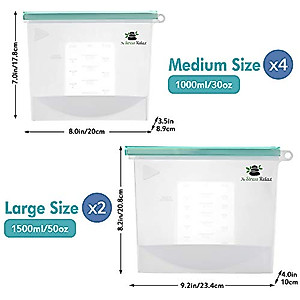 Reusable Silicone Food Storage Bags 6 Pcs [2x1.5L+4x1L] With Separate Hermetic Lid - Leak Proof Freezer Zip Lock Bags For Snack/Sandwich/Fruit/Meat/Cereal – White