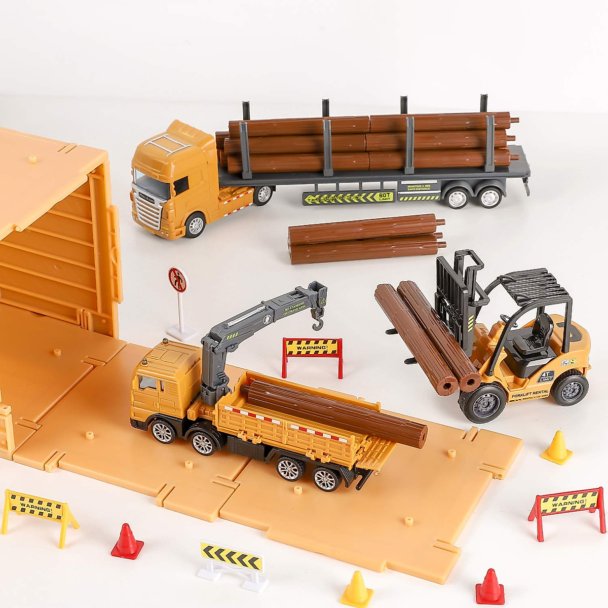 iPlay, iLearn Construction Truck Toy Set, Cargo Transport Vehicles Site Playset, Gantry Crane, Trailer, Logging, Pickup Tow Trucks, Forklift, Birthday Gift for 3 4 5 Year Olds Boys Kid Toddler Child