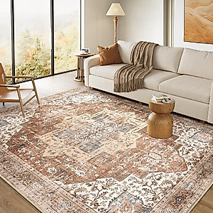 DTICON Washable Rug 9x12 Area Rugs: Boho Vintage Distressed Oriental Medallion Neutral Thin Large Rug Carpet for Living Room Bedroom Dining Room Home Office Decor - Brick Red