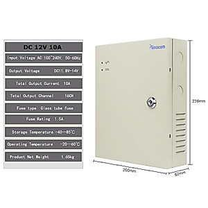 Xenocam 16 Channel Port 12V DC 10 Amp Amper with Glass Fuse Distributed Power Supply Box for CCTV DVR Security System and Camera or IP Cameras