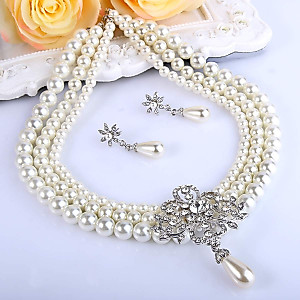 EleQueen Women's Silver-Tone Ivory Simulated Pearl Crystal Victorian Style Statement Necklace Earrings Bridal Wedding Sets