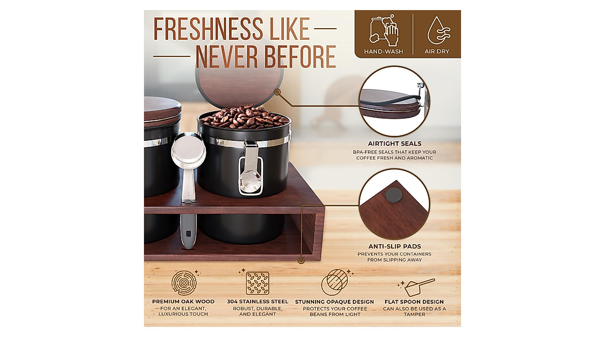 BrewBase Premium Coffee Storage Containers with Airtight Oak Lids