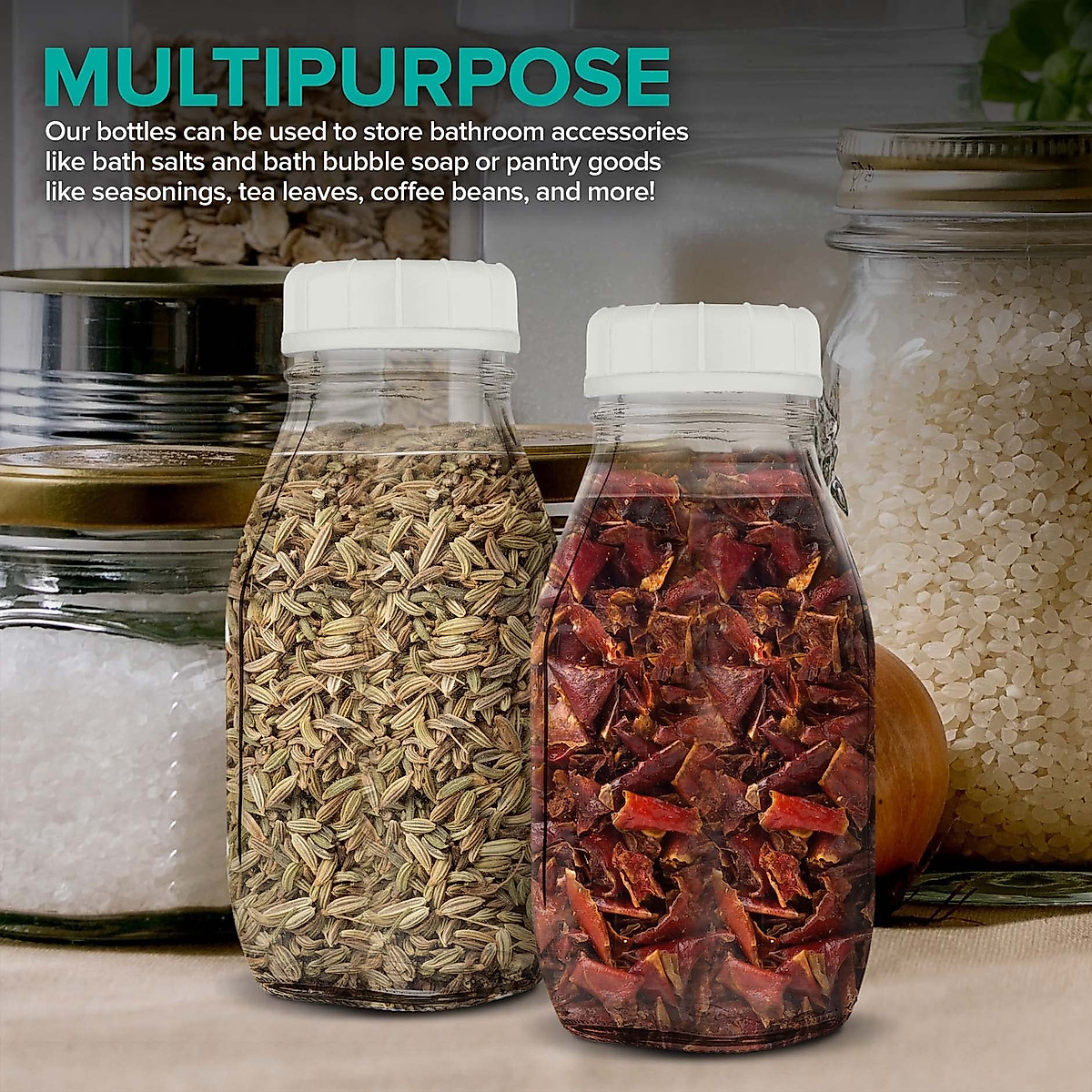 Stock Your Home 12 oz Glass Juice Bottles With Caps (6 Pack) - Reusable Glass Bottles with 10 Tamper Proof Snap-On Caps - Food Grade Glass Bottles - Juice Containers with Lids for Cold Beverages