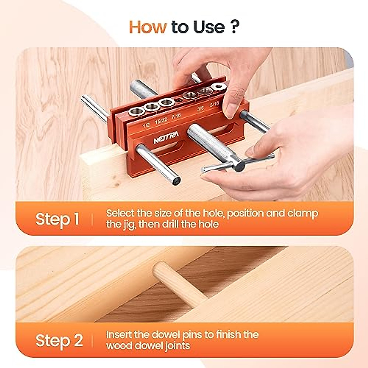 Neitra Self Centering Doweling Jig - 6 Drill Guides for Straight Holes, Adjustable Width Up to 6.75", All Metal Drilling Hole Kit for Wood Dowel Jig, Professional Woodworking Joints Tool