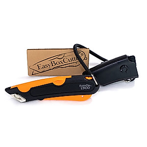 Modern Box Cutter, Squeeze Trigger and Edge Guides, Holster, Lanyard, Extra Blade - 1500 Orange