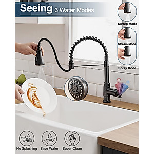HOIGY Oil Rubbed Bronze Kitchen Faucet 3 Hole or 1 Hole, 3-Function Pull-Down Sprayer Kitchen Faucets, Sink Faucet Kitchen, Single Handle Spring Kitchen Sink Faucet with Deck Plate for Farmhouse