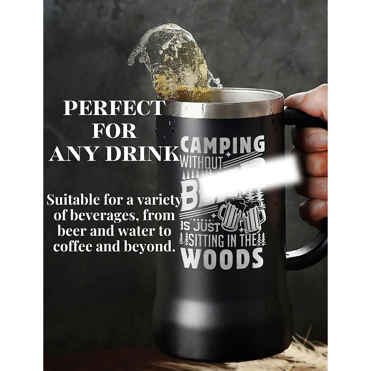 Onebttl Camping Gifts for Men, Camper, Camping Lovers - Camping Without Beer 24oz Stainless Steel Beer Mug Beer Stein Tumbler, 24oz Beer Mug with Lid