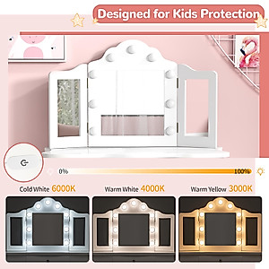 AKUSTIK Kids Vanity with Lights, 2 in 1 Wooden Dressing Table and Chair Set with Tri-Folding Mirror, Stool, Storage Drawer, Toddlers Pretend Princess Beauty Playset Toy Gift for Little Girls